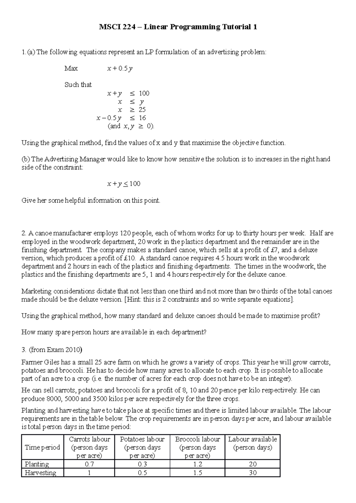 MSCI224 Linear Programming Tutorial 1 - MSCI 224 – Linear Programming Tutorial 1 1.(a) The ...