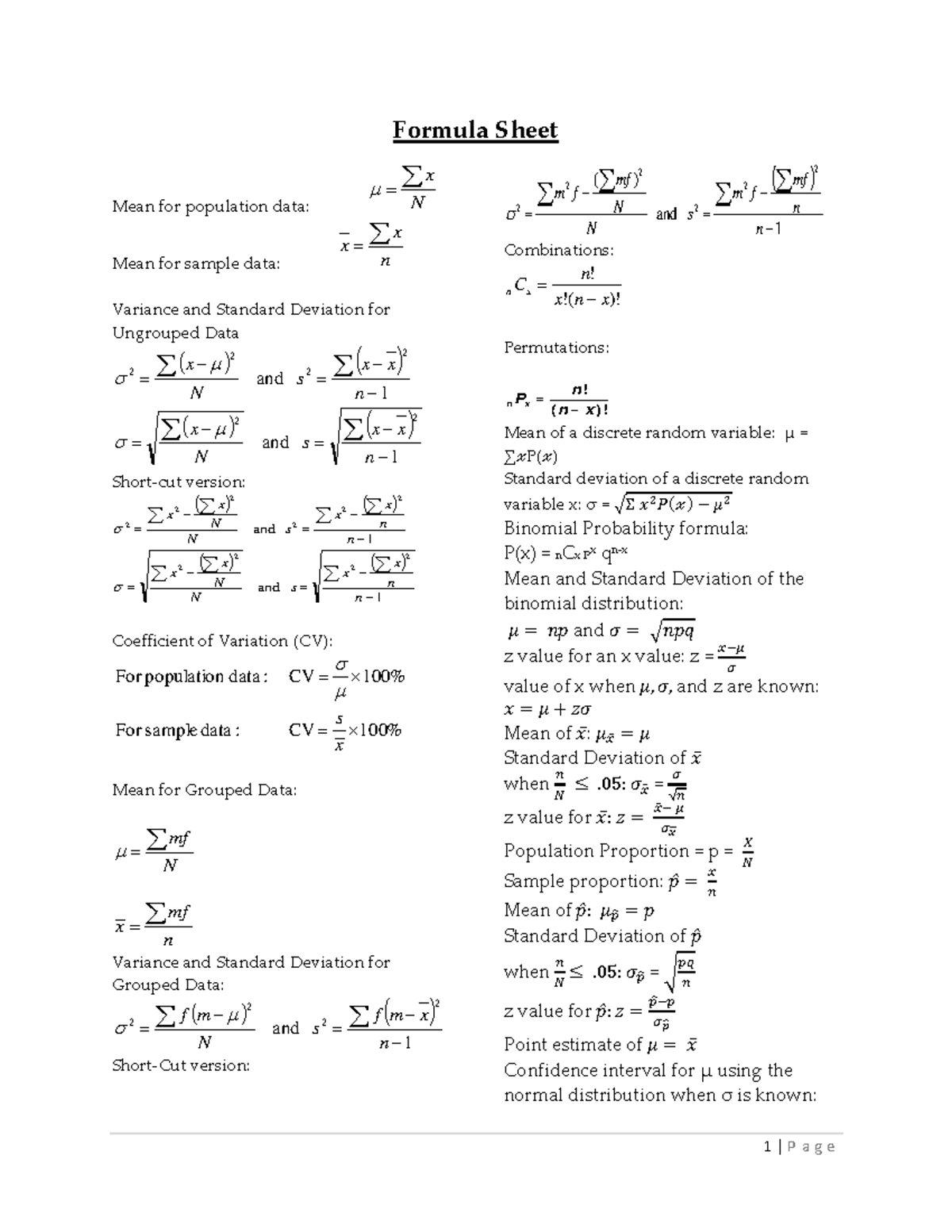 Tables formula sheet final exam F22 - Formula Sheet Mean for population ...