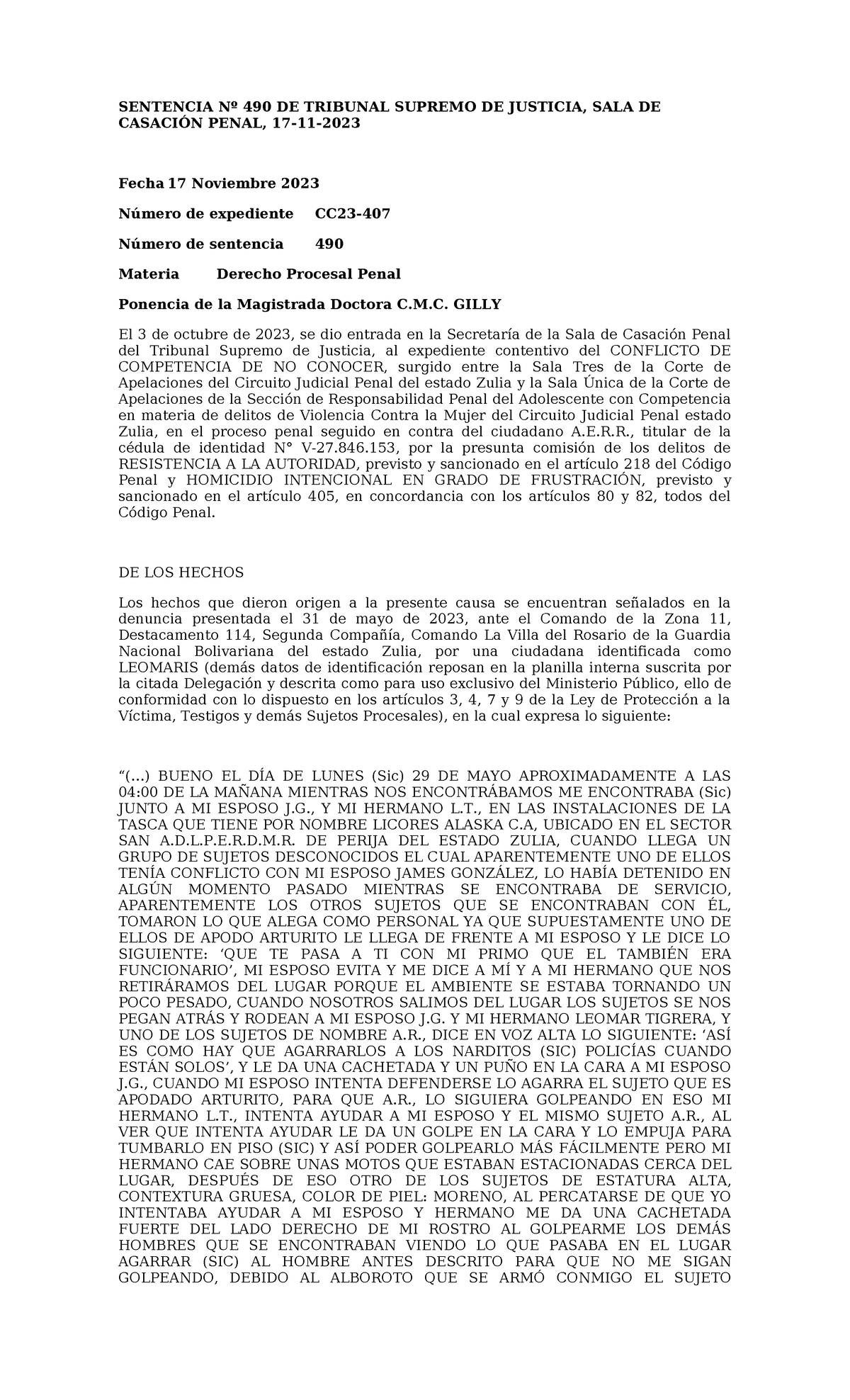 Sentencia Nº 490 DE Tribunal Supremo DE Justicia Resum Aprobio Sentecia ...