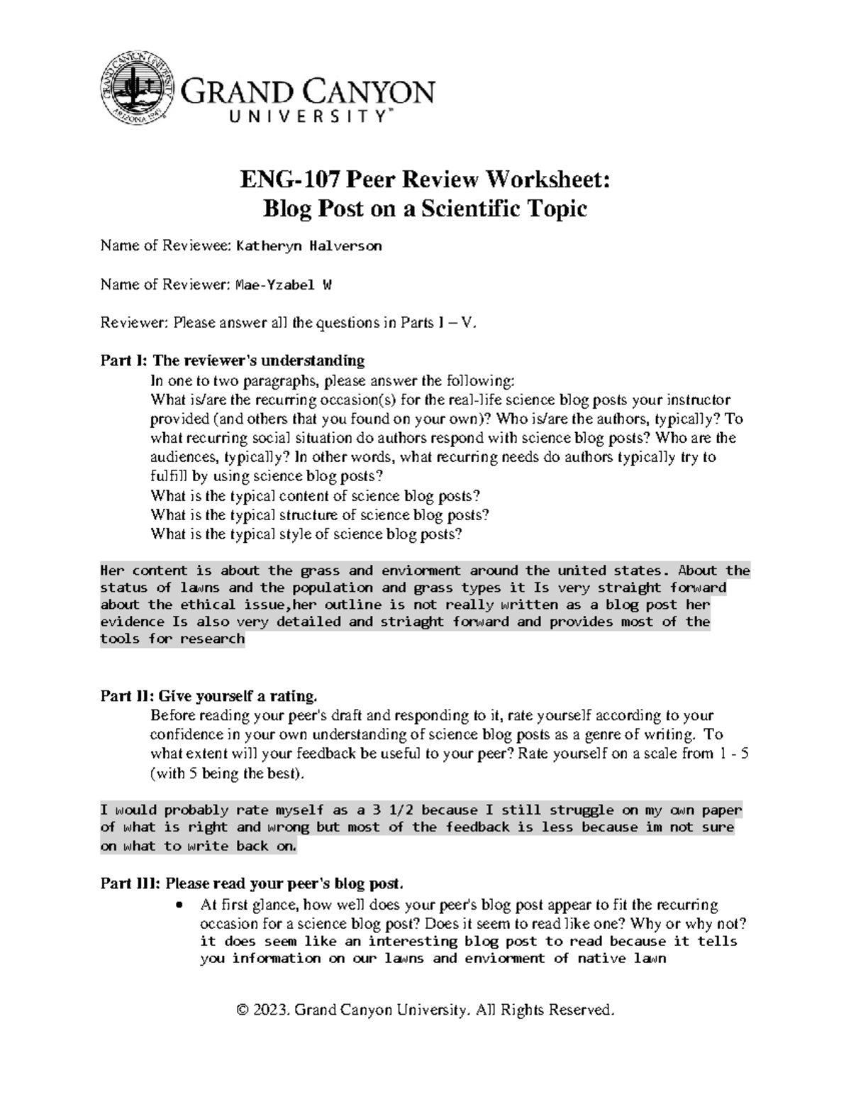 ENG 107 Peer Review Worksheet Blog Post Scientific Topic - © 2023 ...