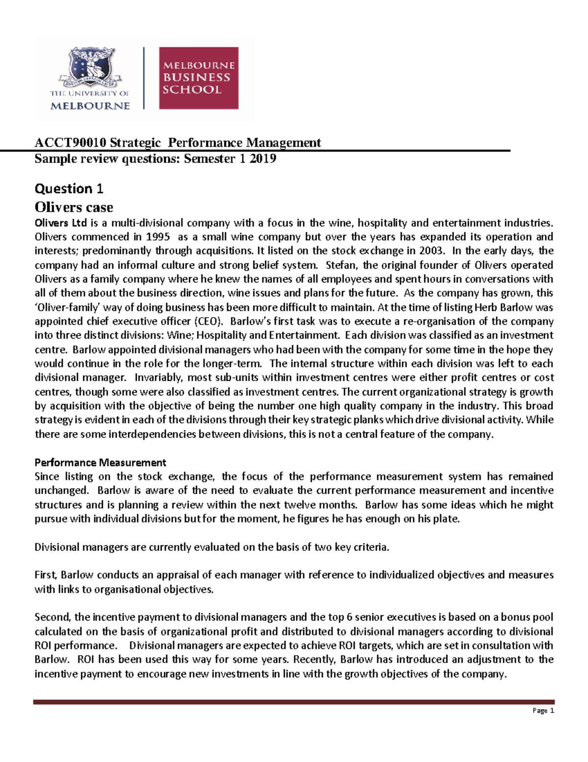Sample review questions SPM semester 1 2019 - ACCT90010 Strategic ...