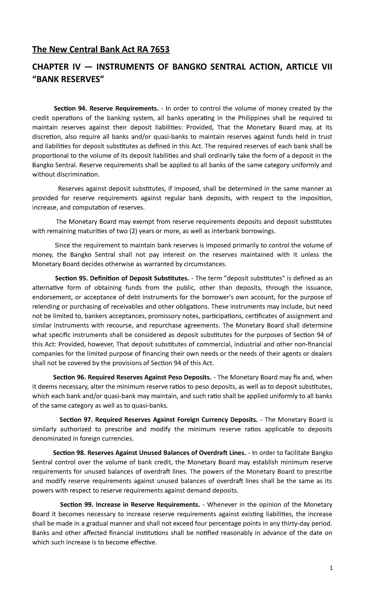 RA 7653-Bank Reserves - The New Central Bank Act RA 7653 CHAPTER IV ...