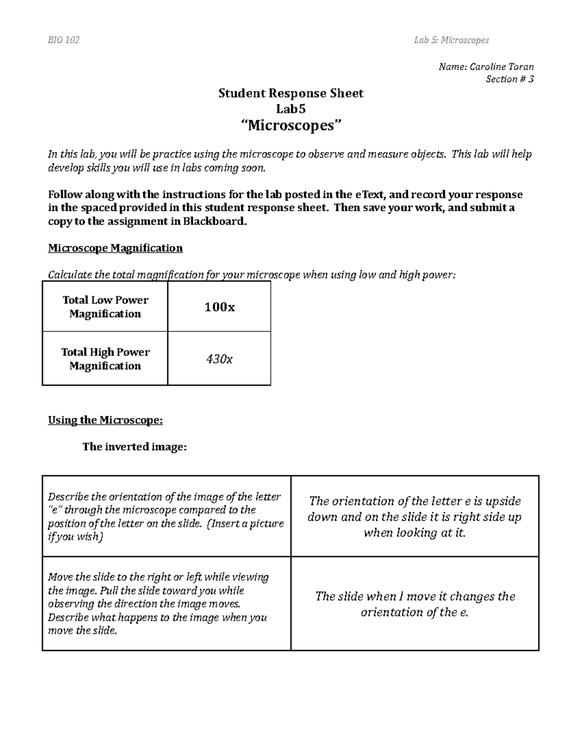 BIO 102 Lab Response 5 - Lab Notes/Assignment - Name: Caroline Toran ...