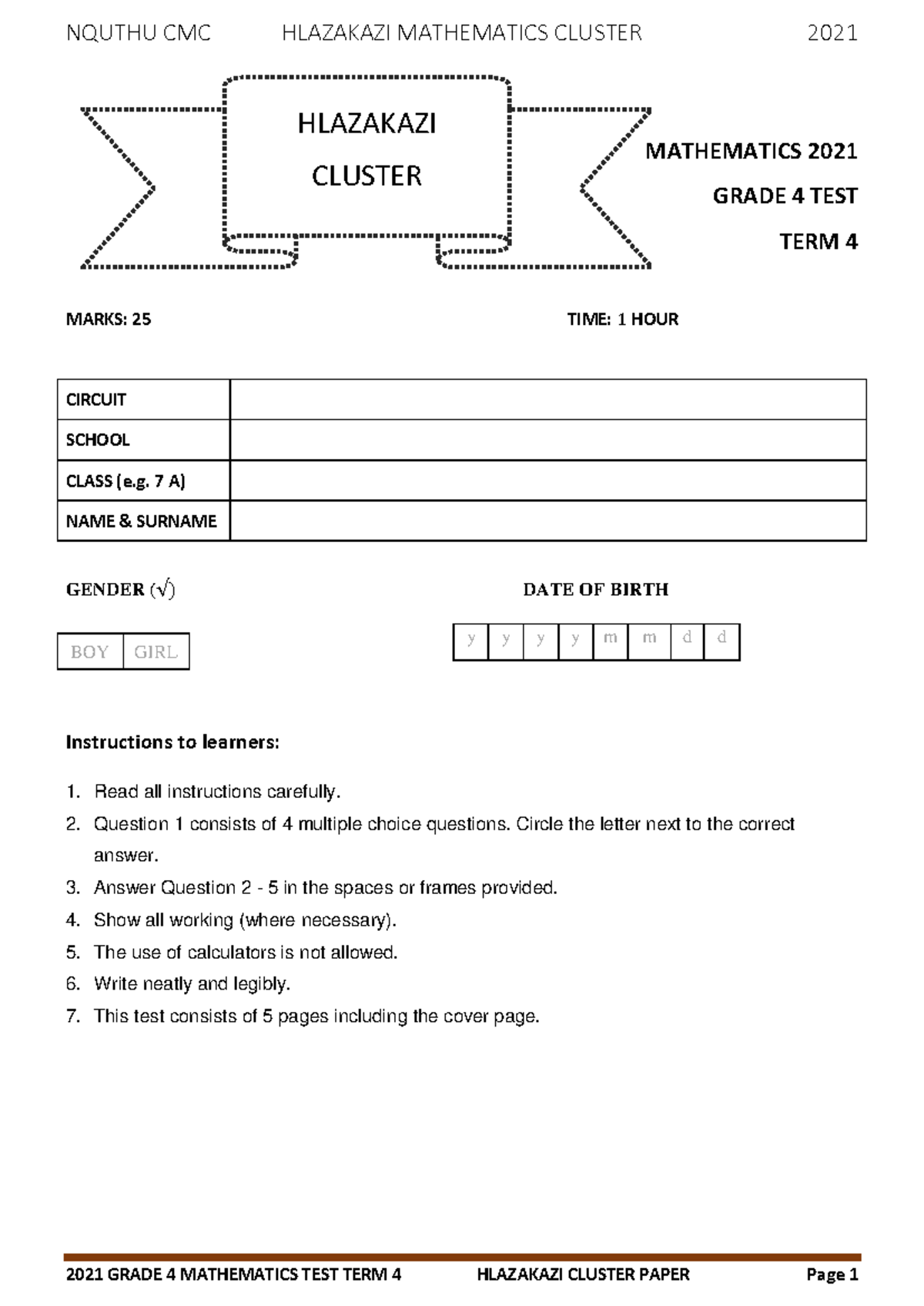 GR4 Maths TEST TERM 4 2021 - MATHEMATICS 2021 GRADE 4 TEST TERM 4 MARKS ...