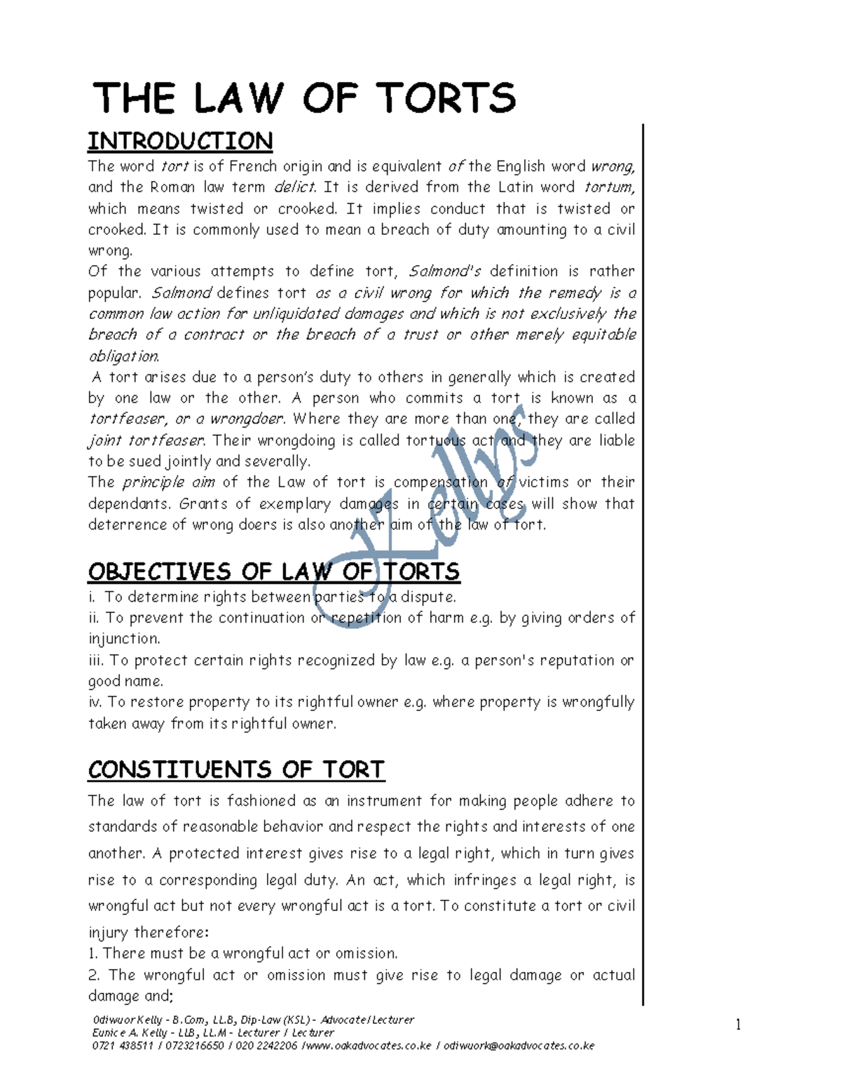 LAW OF TORT S Revised - THE LAW OF TORTS INTRODUCTION The word tort is ...