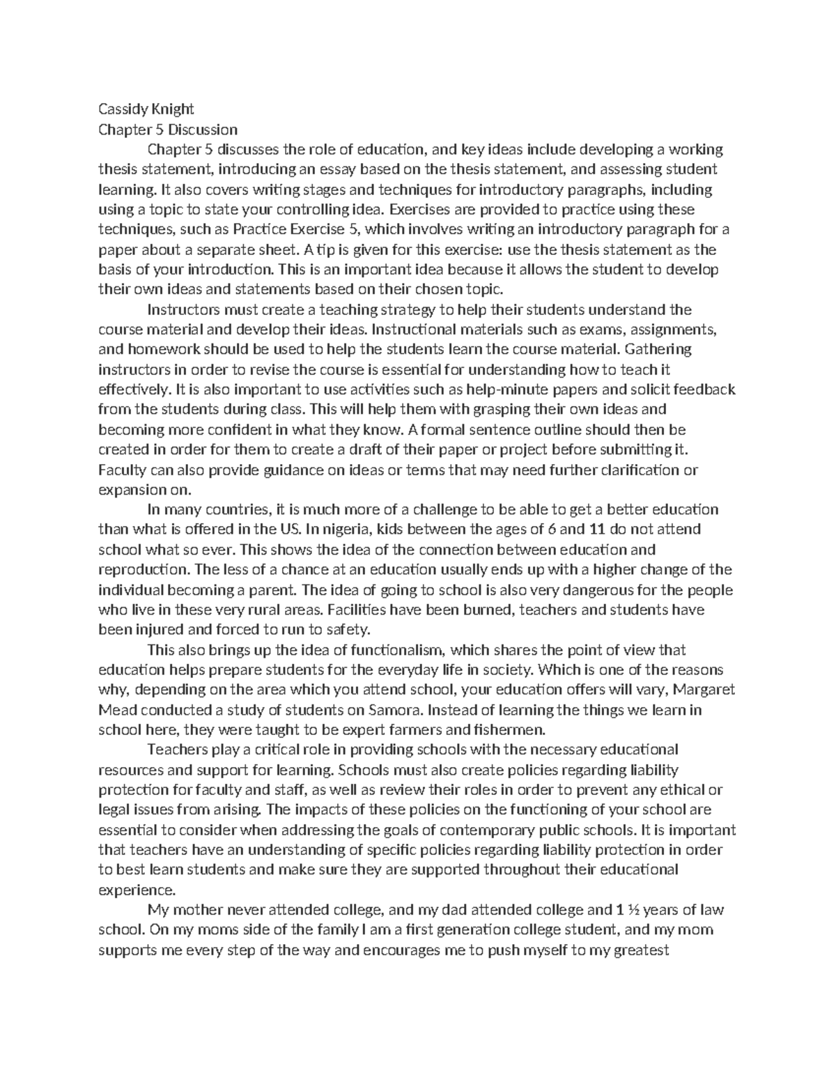 Chapter 5 discussion - Homework - Cassidy Knight Chapter 5 Discussion ...