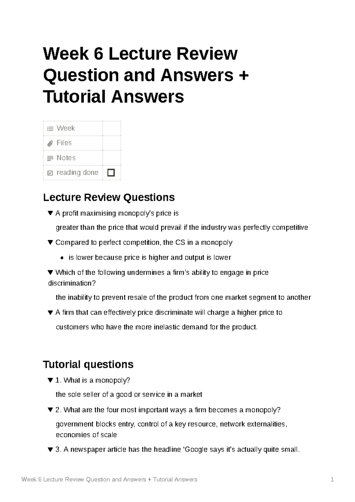 Week 6 Lecture Review Question and Answers Tutorial Answers - Tutorial questions What is a ...