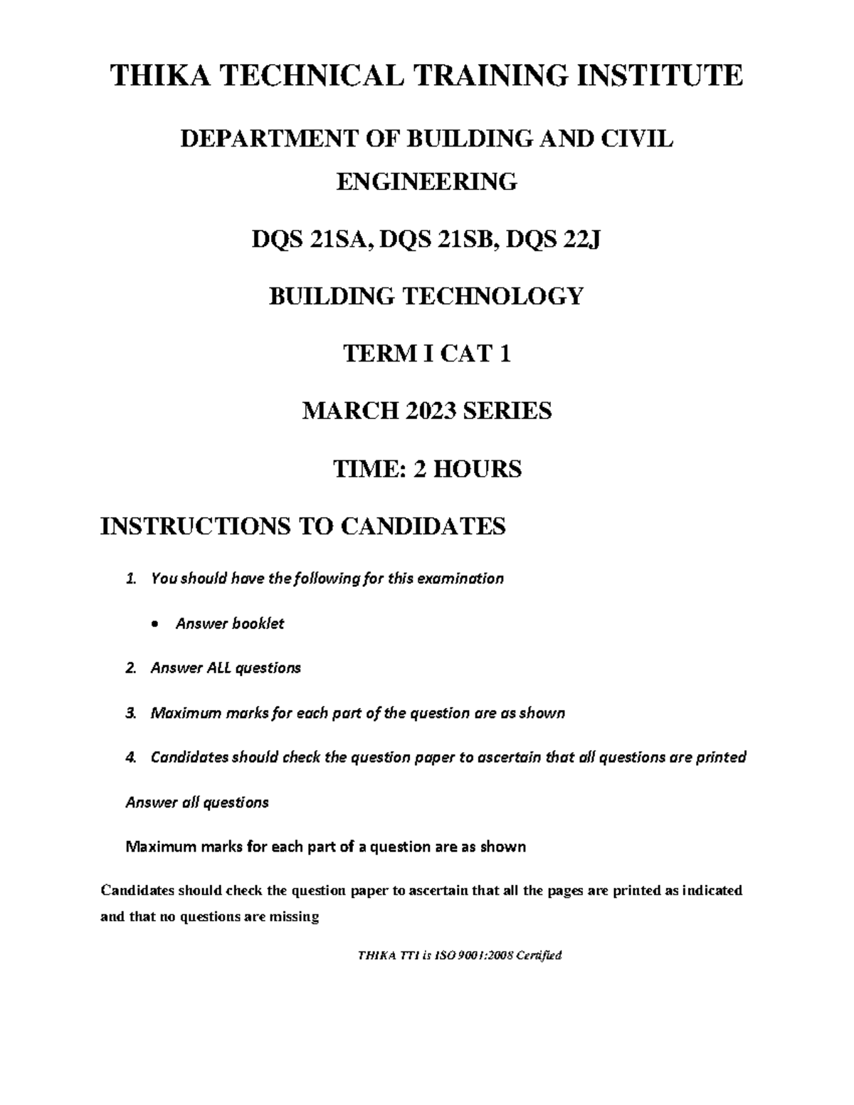 Btech CAT2023 - THIKA TECHNICAL TRAINING INSTITUTE DEPARTMENT OF BUILDING AND CIVIL ENGINEERING ...