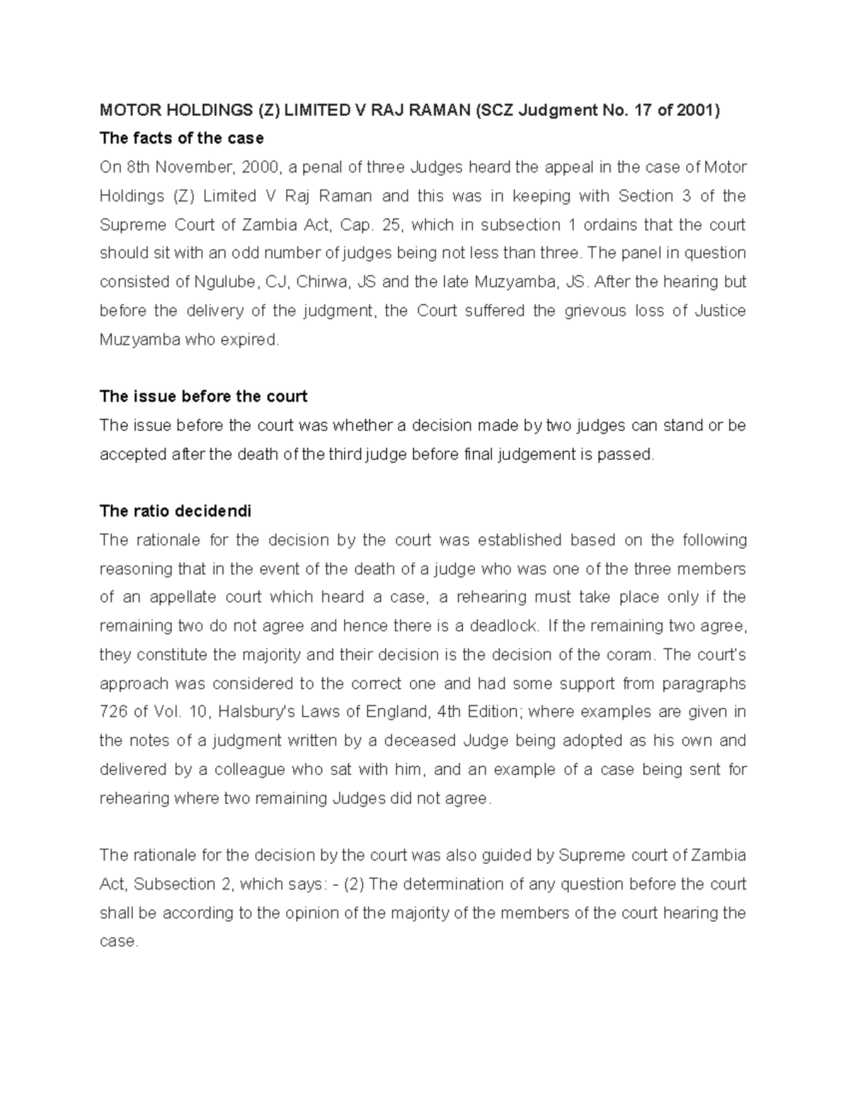 Summary Motor Holdings (Z) Limited V RAJ Raman (SCZ Judgment No. 17 of ...