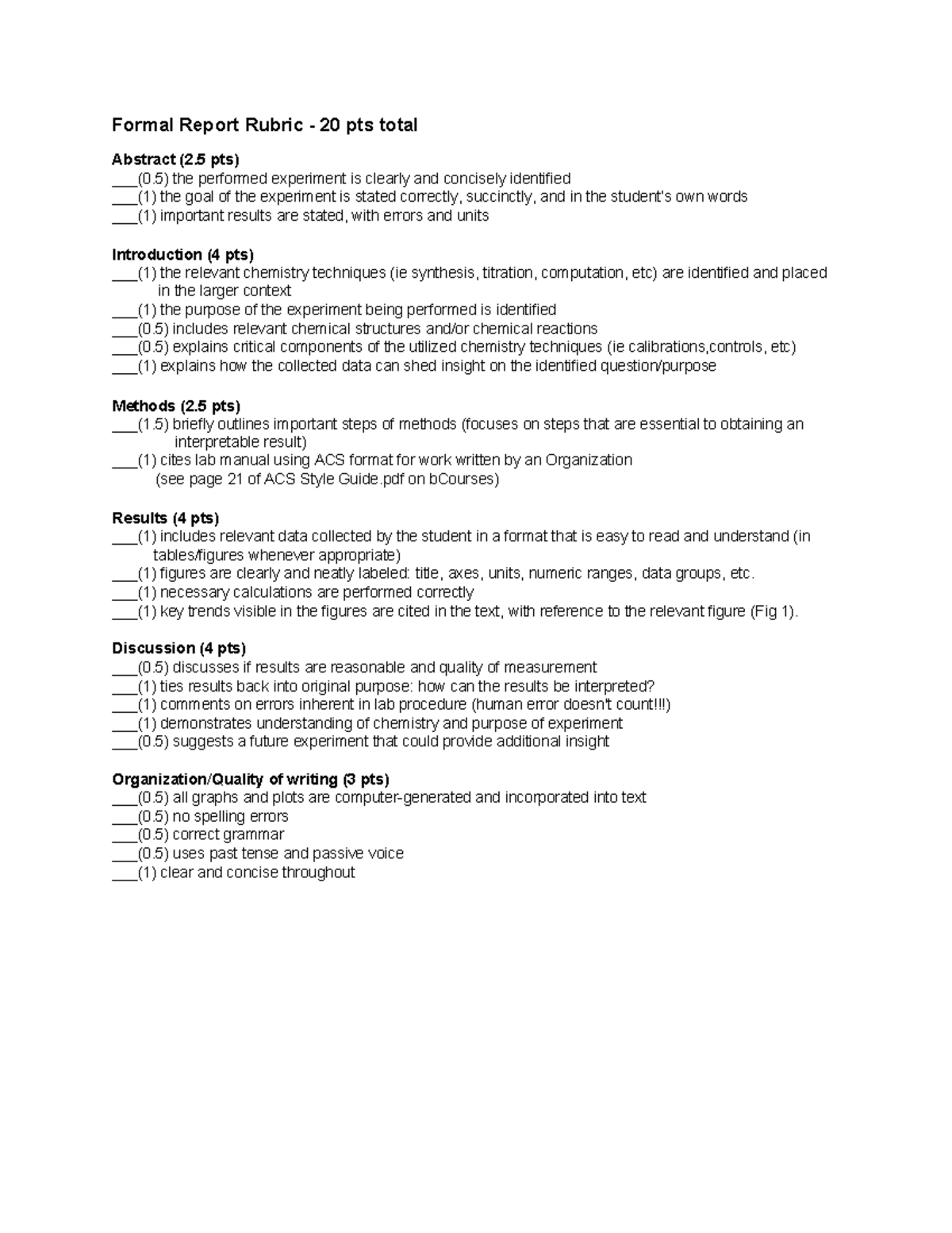 Formal Lab Report- Rubric - Formal Report Rubric 2 0 pts total Abstract ...