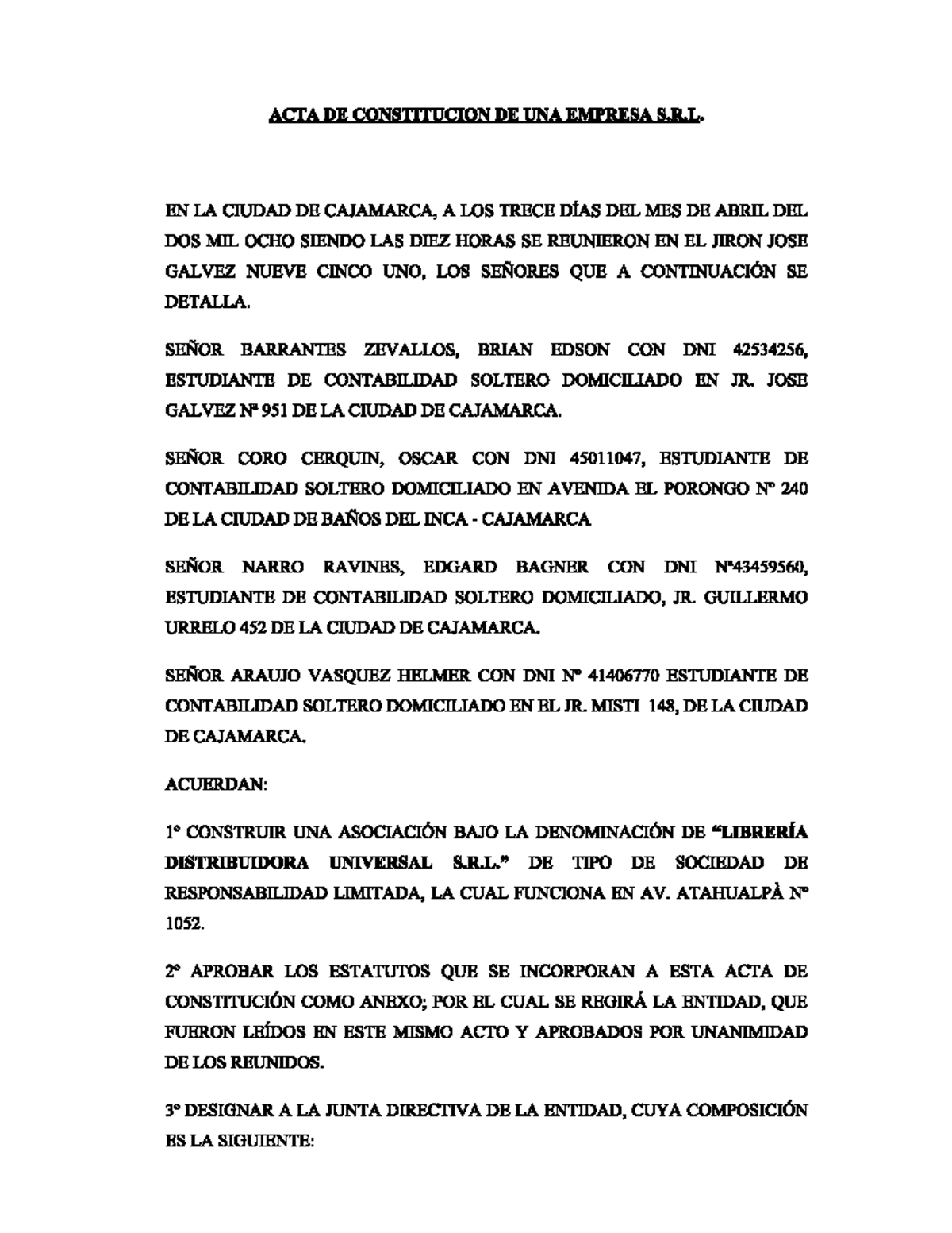 Acta utilizada - LEYES - Ciencias Juridicas Y Sociales - Studocu