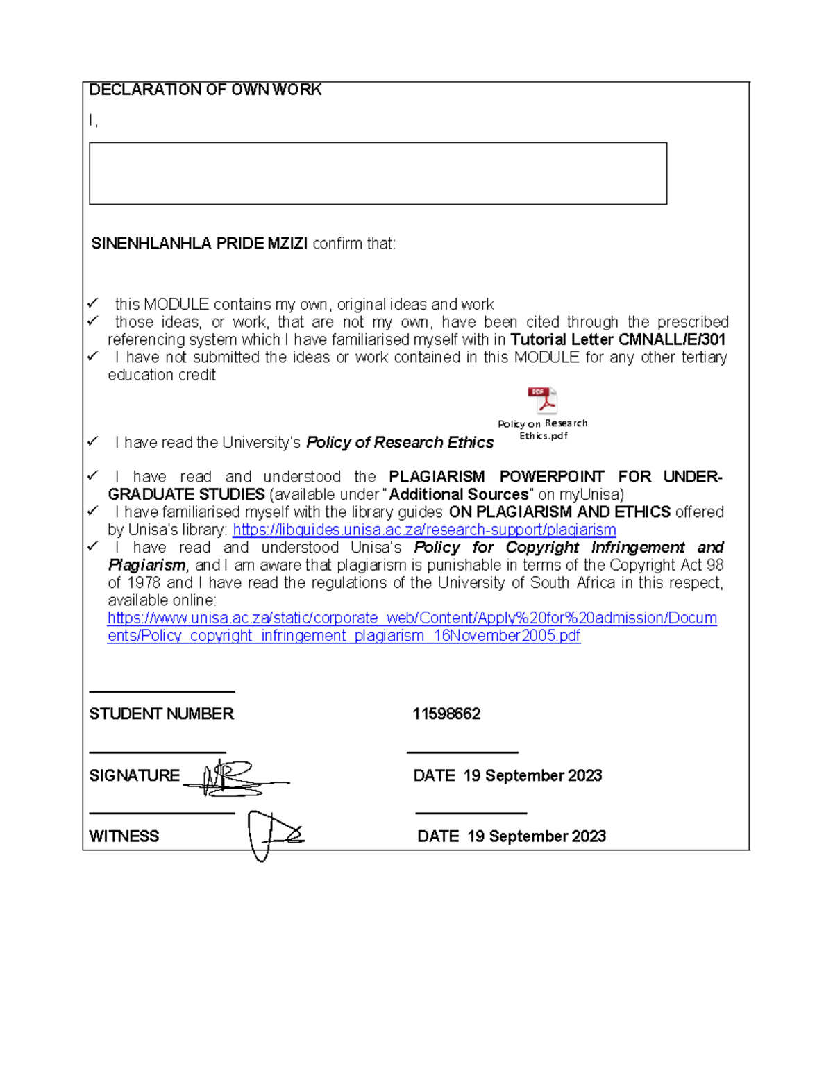 DPR1507 ASSIGNMENT 2 - DECLARATION OF OWN WORK I, SINENHLANHLA PRIDE ...