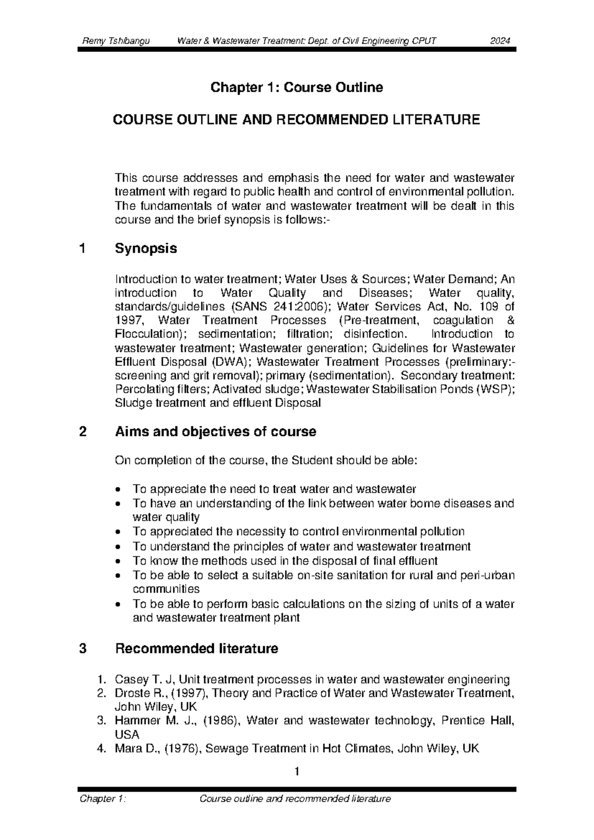 Chapter 1 Introduction & Course Outline - Remy Tshibangu Water & Wastewater Treatment: Dept. of ...