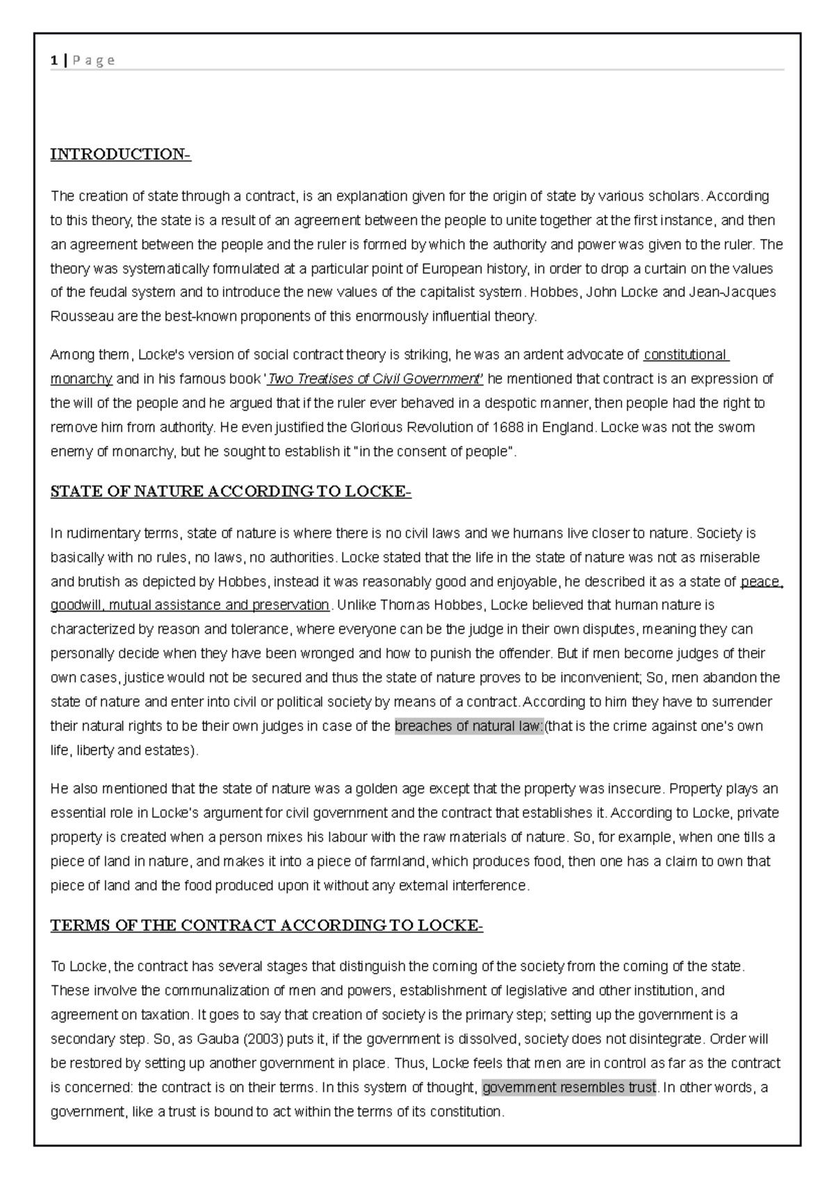 JOHN Locke'S Social Contract Theory - 1 | P a g e INTRODUCTION- The ...
