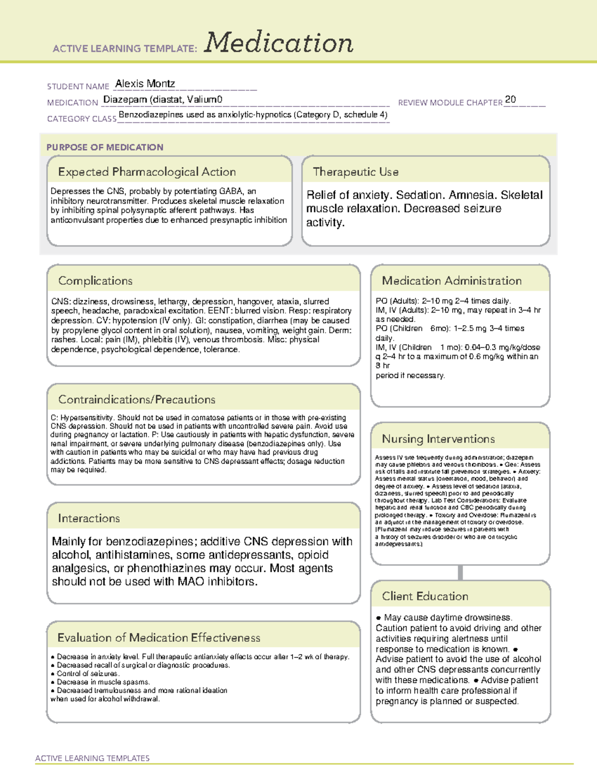 Diazepam (Valium) - Drug Card - ACTIVE LEARNING TEMPLATES Medication ...