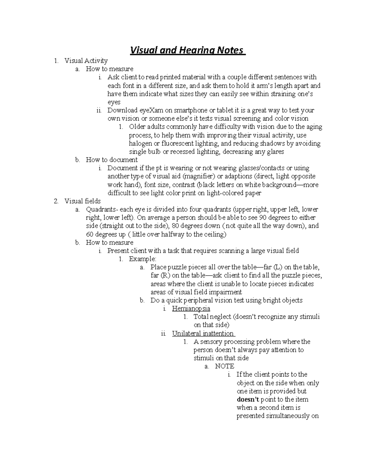 Visual:Hearing notes - Visual and Hearing Notes Visual Activity a. How ...