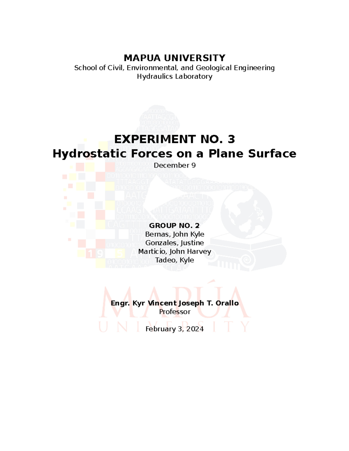 Exp 3 Title Page - HYDRAULICS AND GEOTECHNICAL ENGINEERING - MAPUA ...