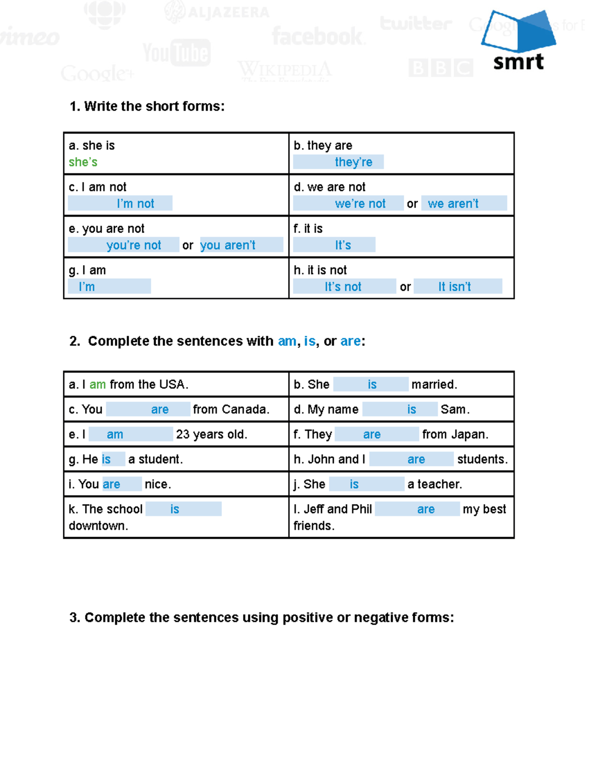 Copia de ENGL110 Grammar 1-1 Be - 1. Write the short forms: a. she is ...