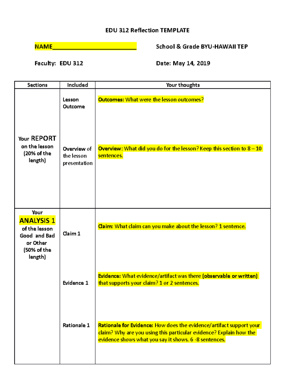 EDU 312 Reflection Template - EDU 312 Re昀氀ec琀椀on TEMPLATE NAME ...