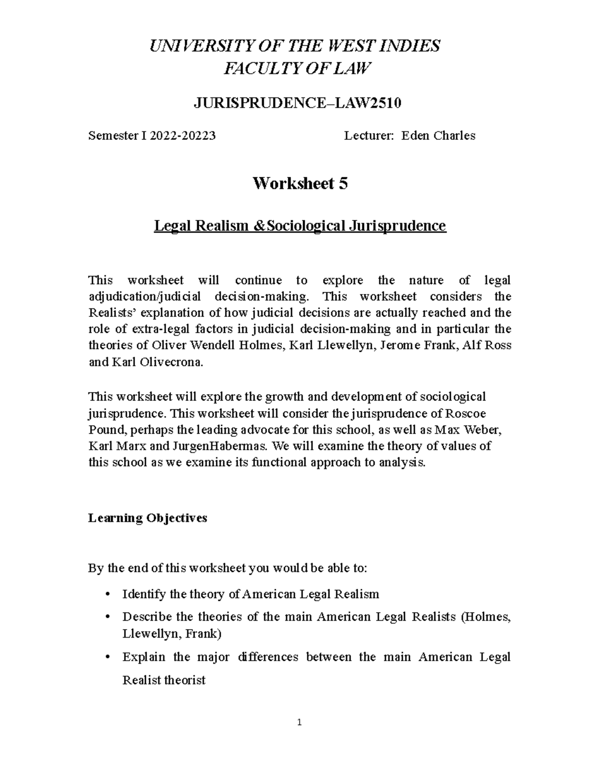 Jurisprudence Worksheet 5 - UNIVERSITY OF THE WEST INDIES FACULTY OF ...