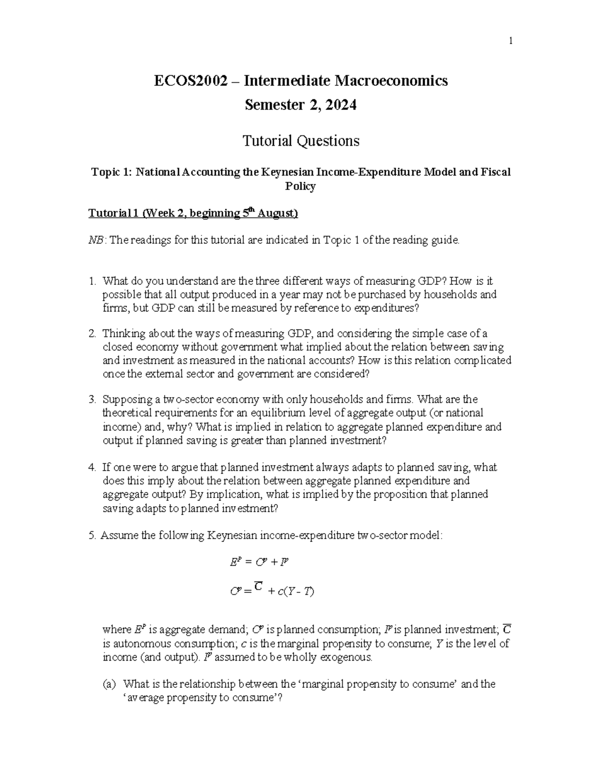 Tutorial 1 Questions ECOS2002 Sem2 2024 - ECOS2002 - USyd - Studocu