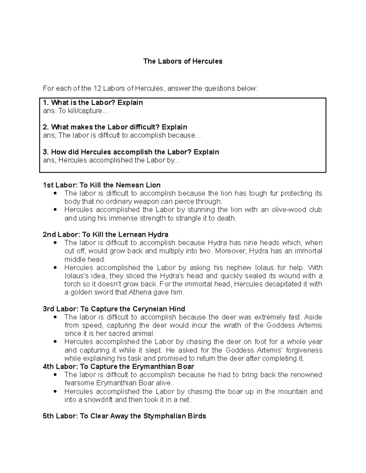 The Labors of Hercules - What is the Labor? Explain ans: To kill ...