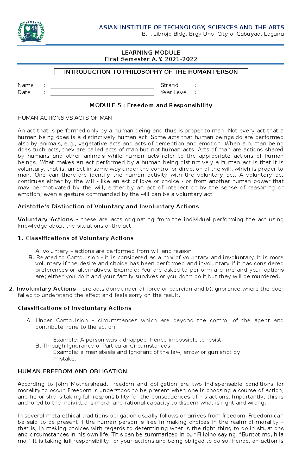 Philo WEEK 5-8 - asdfsadf - ASIAN INSTITUTE OF TECHNOLOGY, SCIENCES AND THE ARTS B. Librojo Bldg ...