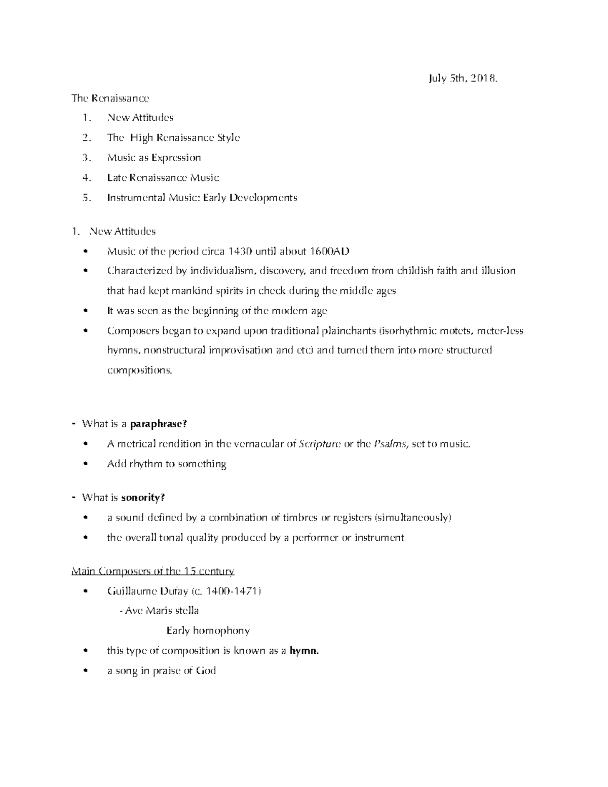 Music 1 - Lecture notes 1-10 - July 5th, 2018. The Renaissance 1. New ...
