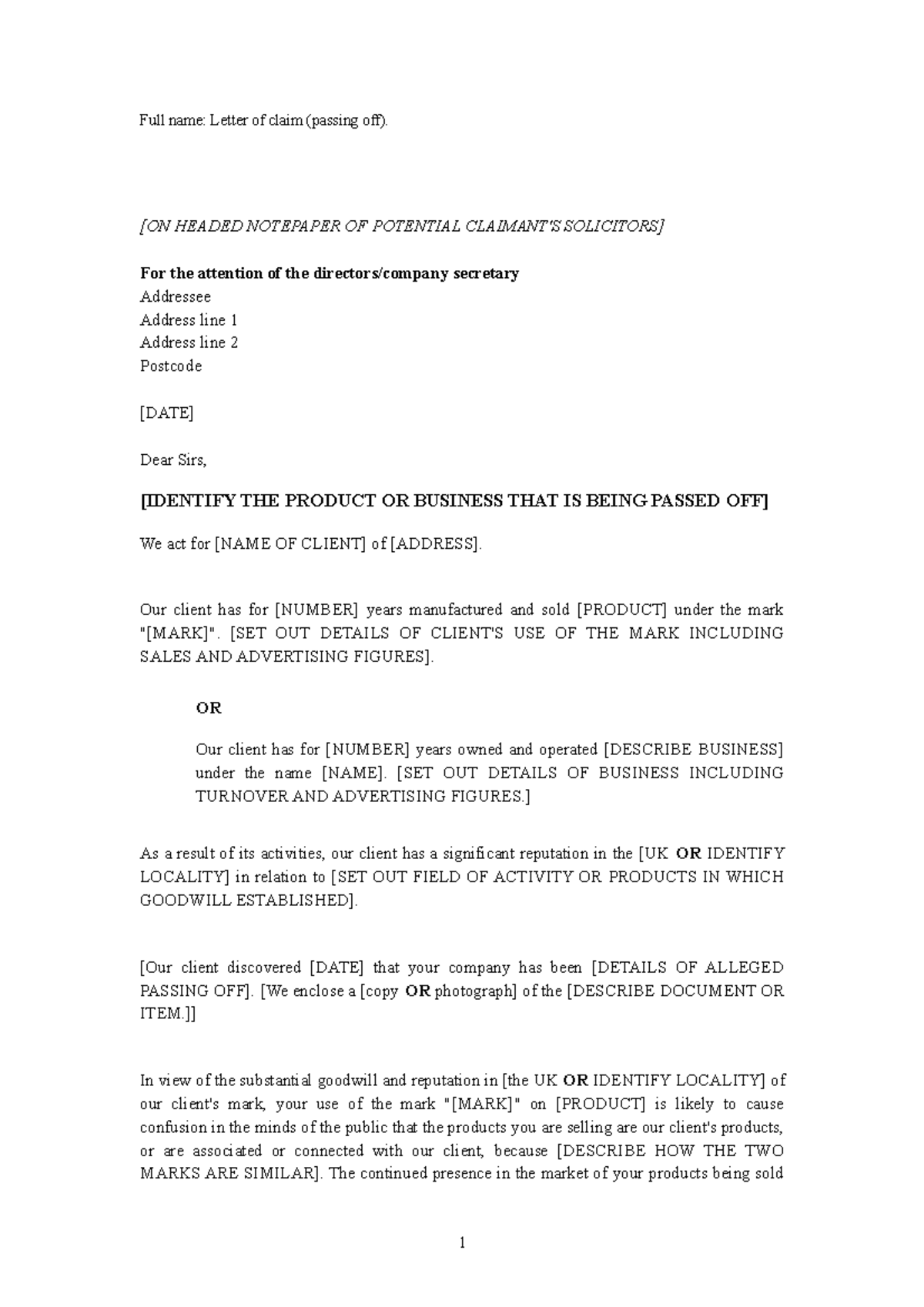 Letter of claim (passing off) (1) - Copy - Full name: Letter of claim ...
