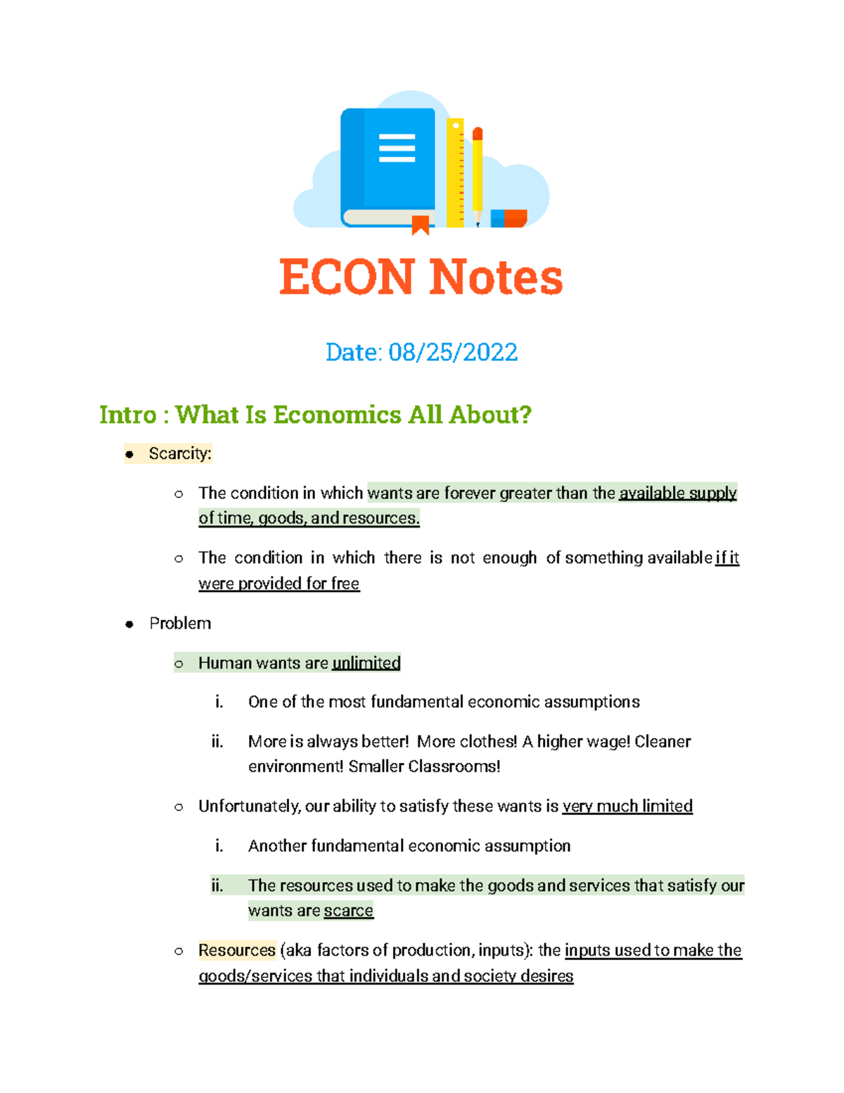 Class notes - ECON Notes Date: 08/25/ Intro : What Is Economics All ...