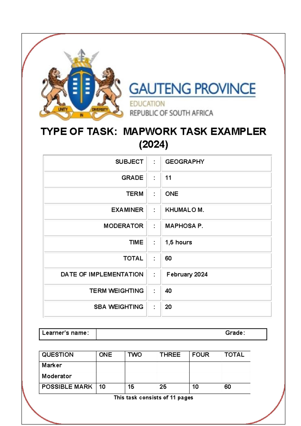 2024 Grade 11 Mapwork TASK Ermelo QP - TYPE OF TASK: MAPWORK TASK ...