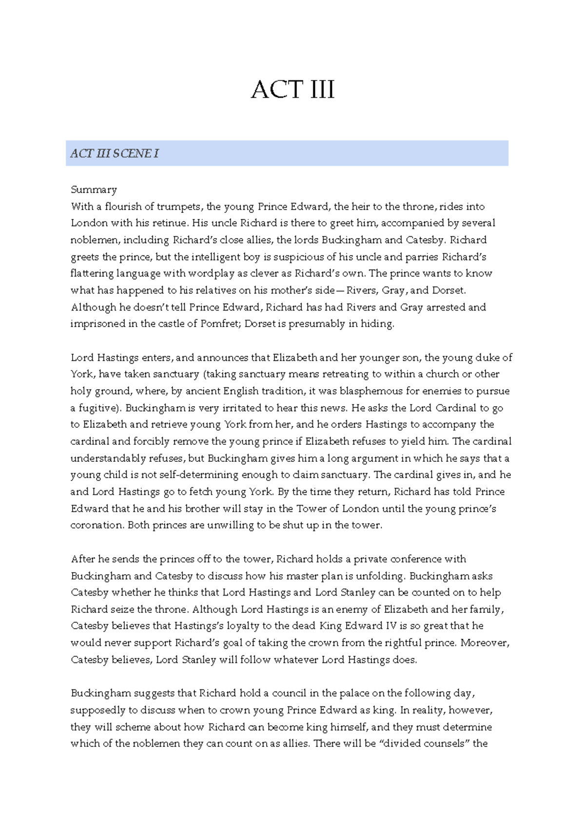 ACT III - Student Copy - Richard III act three notes - ACT III ACT III ...