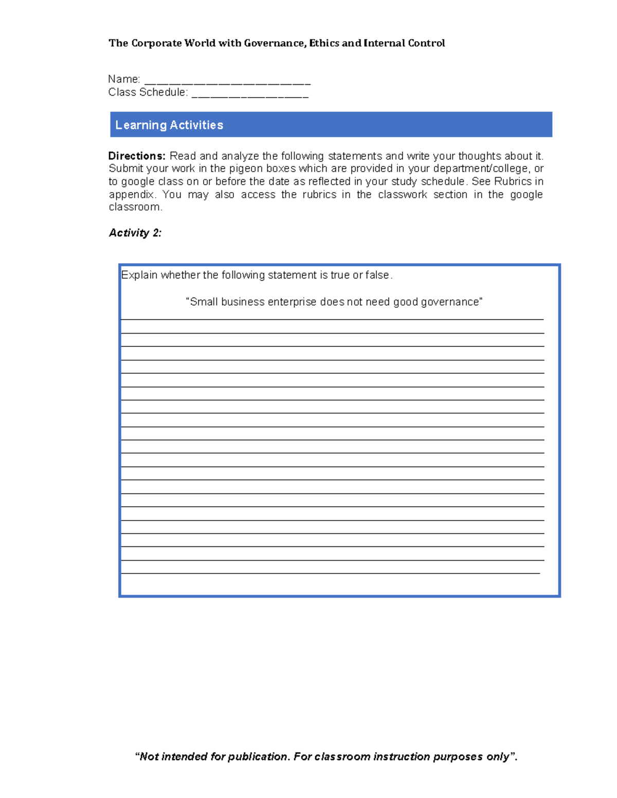 UNIT I Activity 1 Corporate Governance, Business Ethics, Risk ...