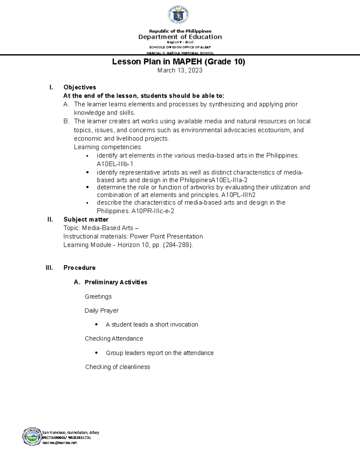 Lesson Plan in Mapeh Print Media - Republic of the Philippines ...