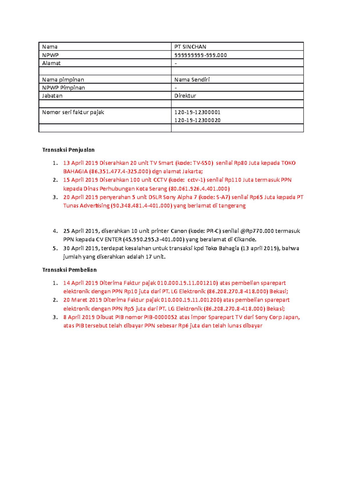 Simulasi SPT PPN - tugas kuliah - Nama PT SINCHAN NPWP 999999999-999 ...