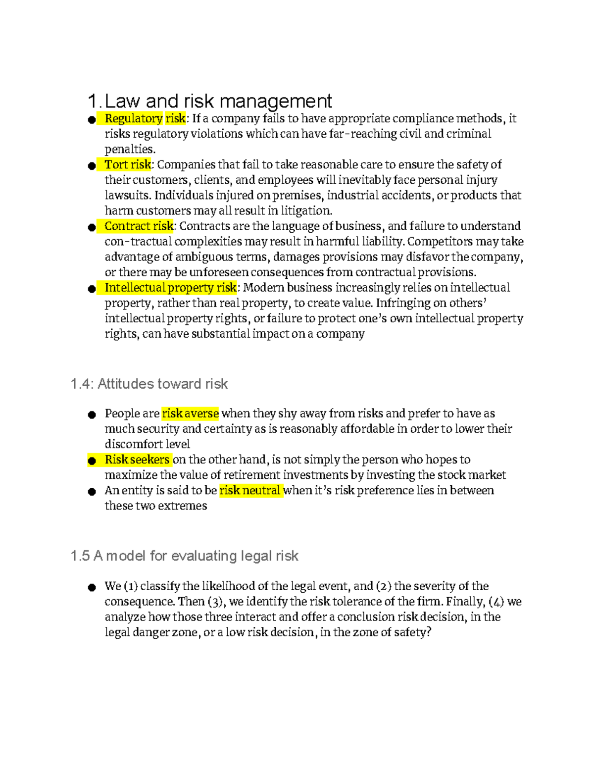 Intro to law chapter 1 2 week 1 - 1 and risk management Regulatory risk ...