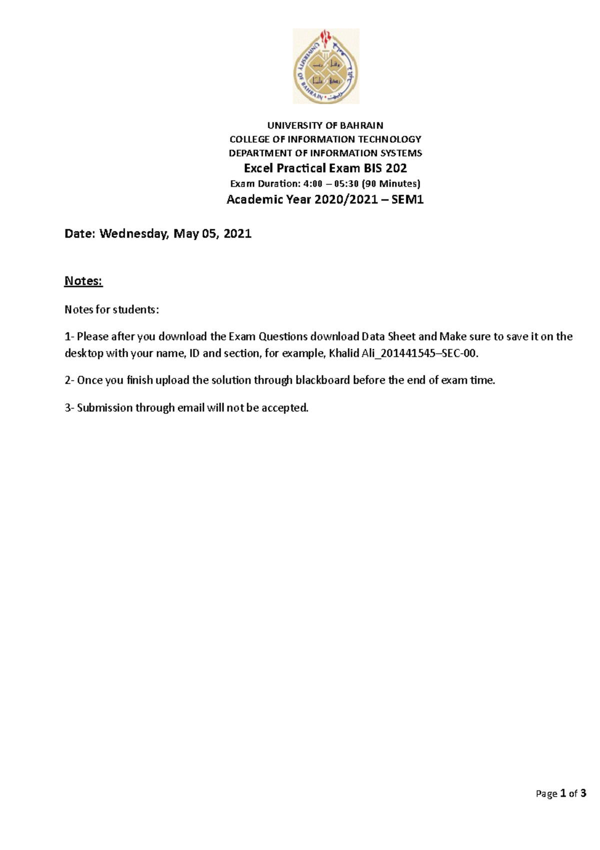 BIS202 - Lab - new excel test - COLLEGE OF INFORMATION ...