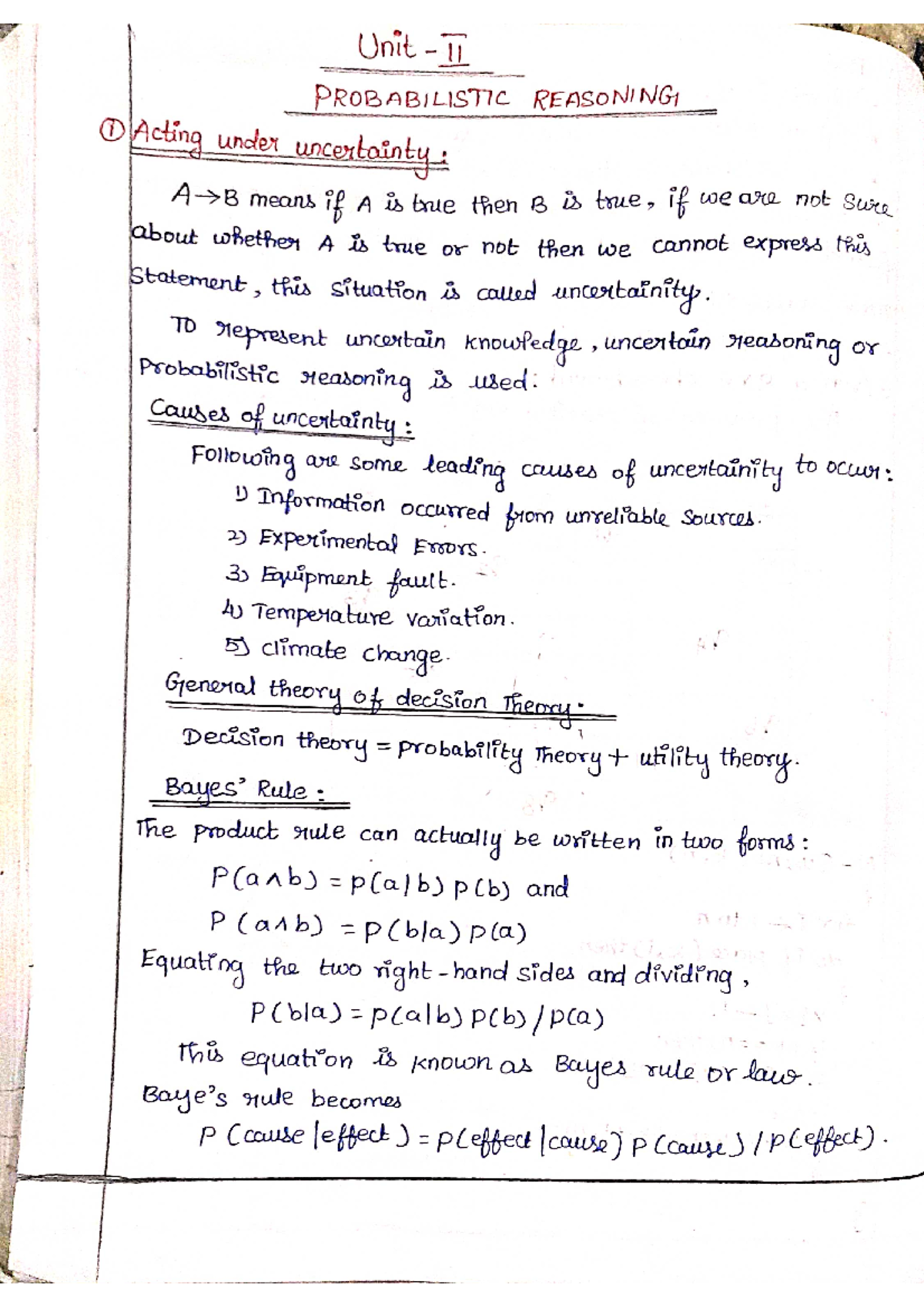AIML - UNIT 2 Notes - Unit II PROBABILISTIC REASONING 1 Acting under ...