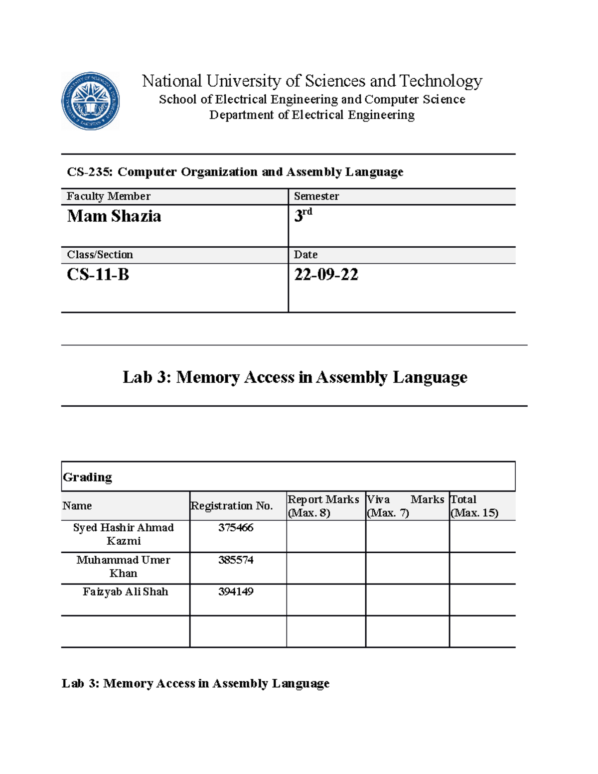 Lab 3 COAL - Lab3 - School of Electrical Engineering and Computer Science Department of ...