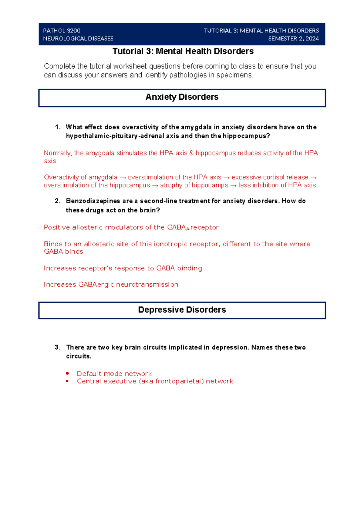 ND - Tutorial 3 Answers 2024 - Tutorial 3: Mental Health Disorders Complete the tutorial ...