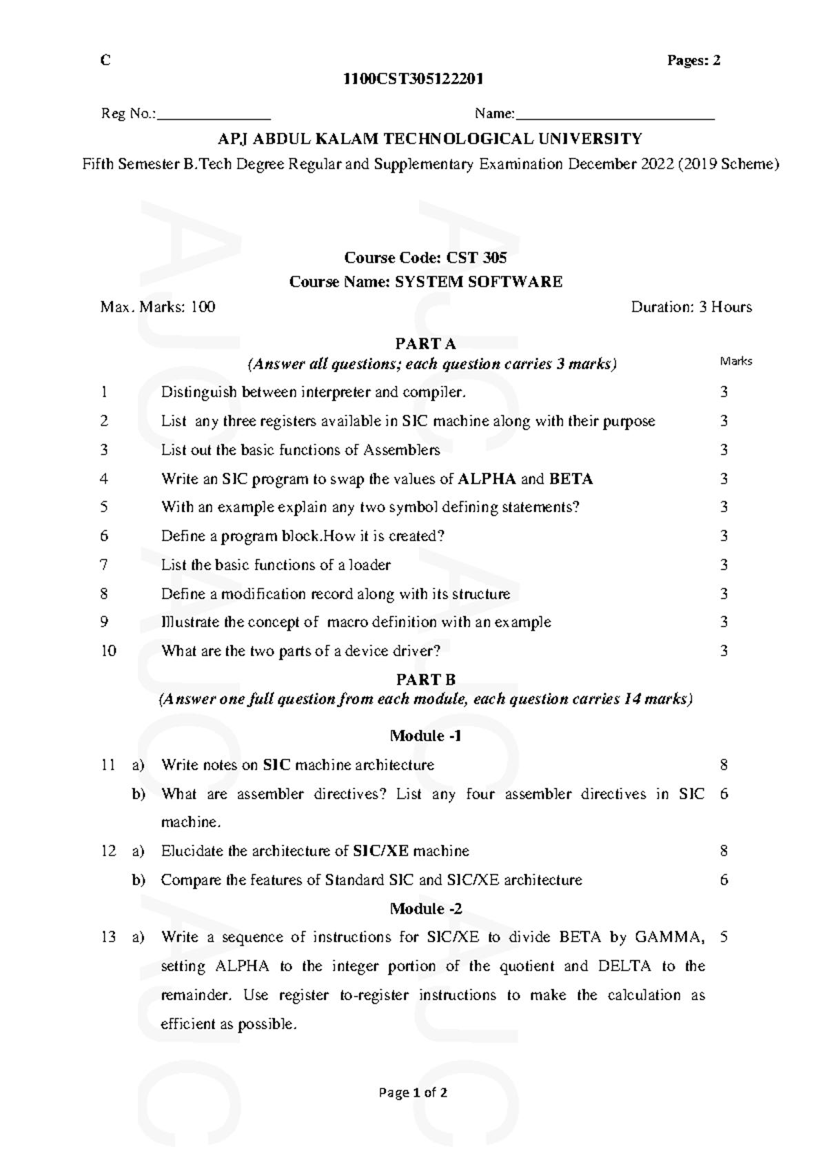 2022 Dec. CST305-B - previous year question paper 2019 scheme - 1100CST 1100CST Page 1 of 2 ...