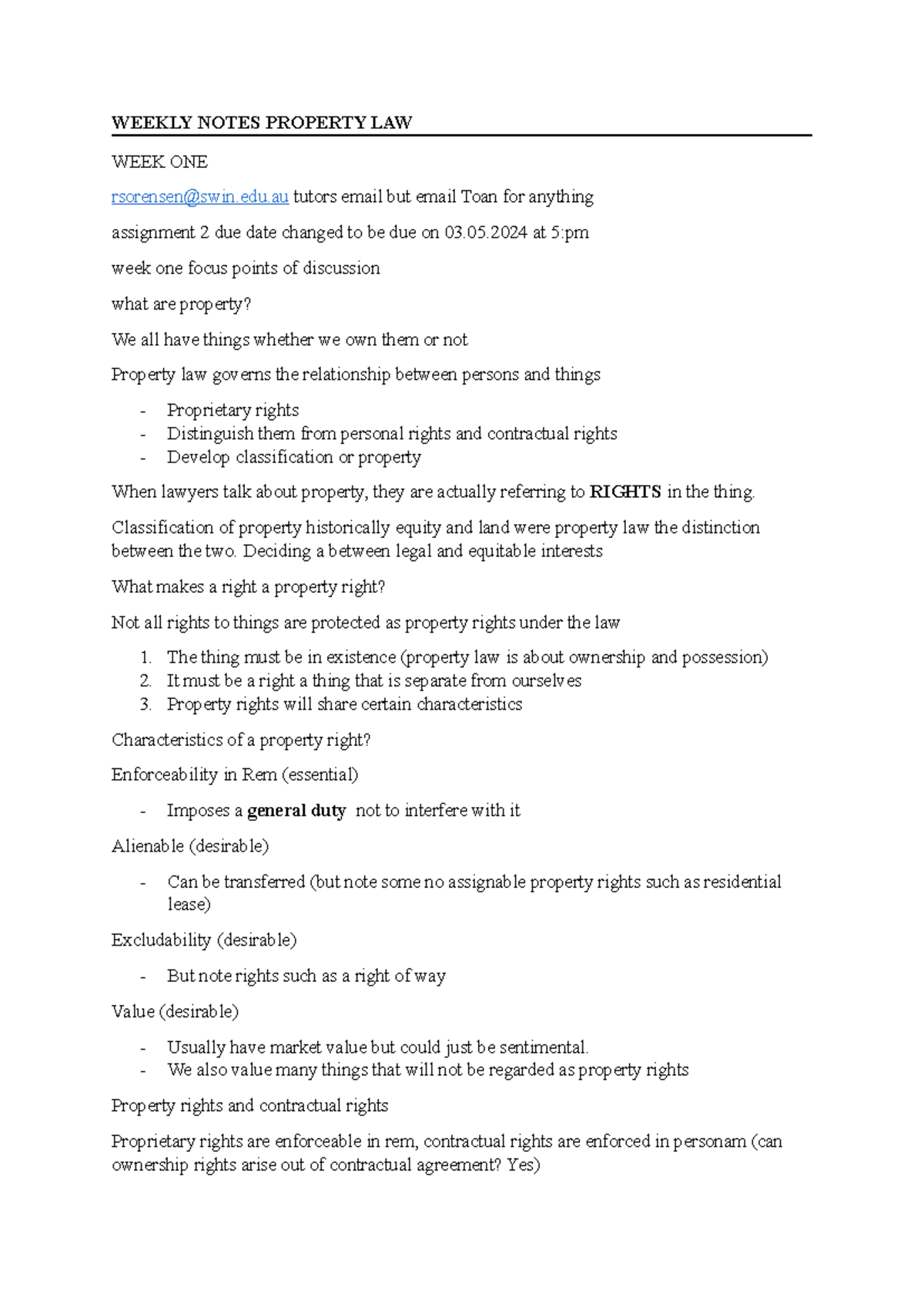 Weekly Notes Property LAW - WEEKLY NOTES PROPERTY LAW WEEK ONE ...