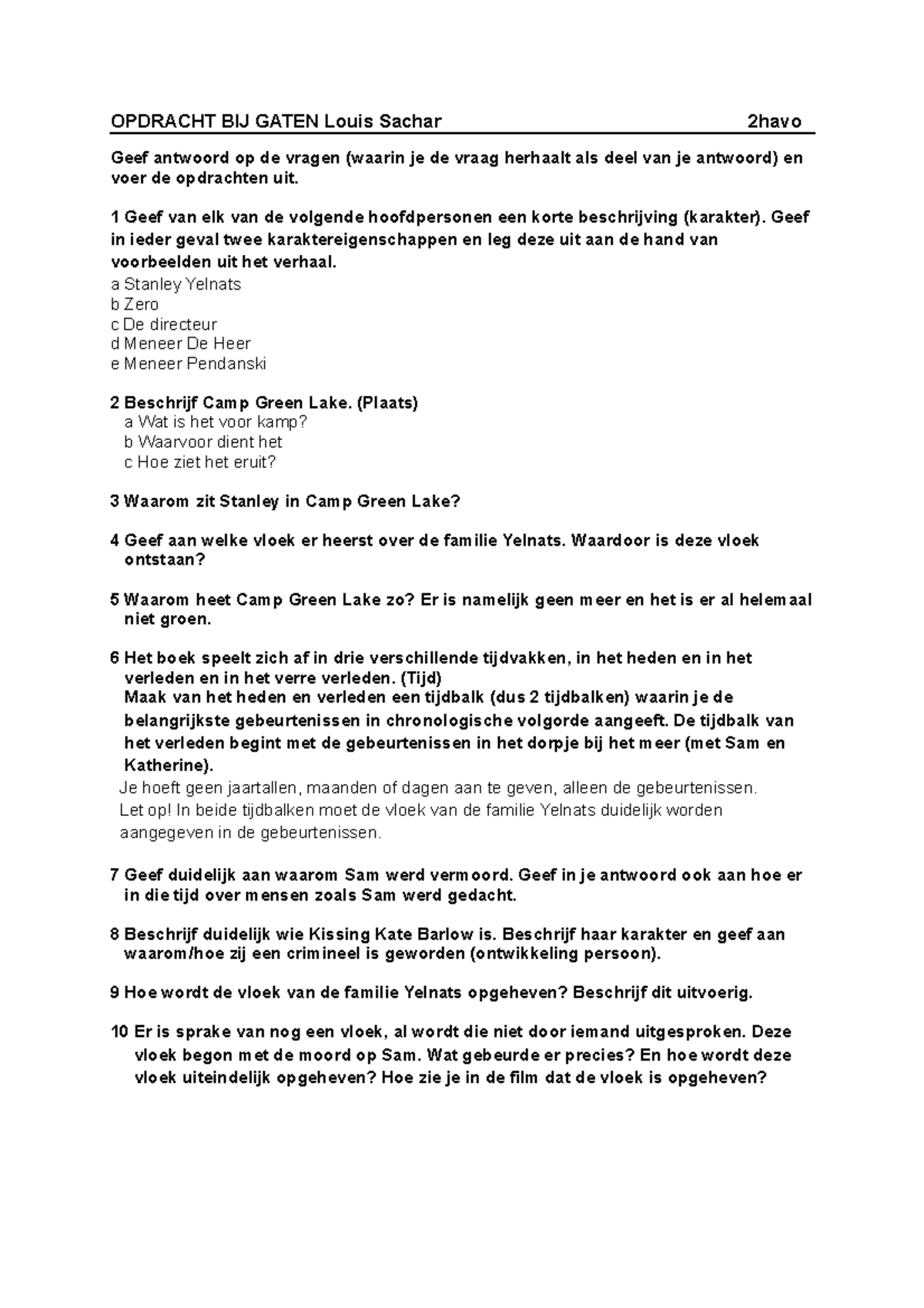 Opdracht Gaten - boekverslag - OPDRACHT BIJ GATEN Louis Sachar 2havo ...