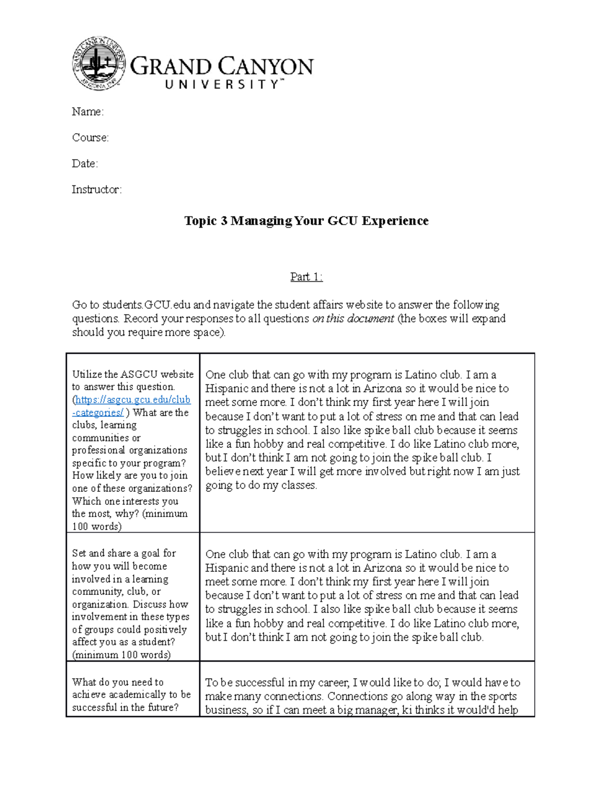 GCU Experience TO - this was given in 2020. - Name: Course: Date ...