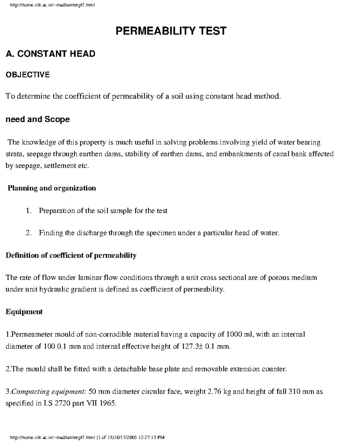 Permeability test - PERMEABILITY TEST A. CONSTANT HEAD OBJECTIVE To ...