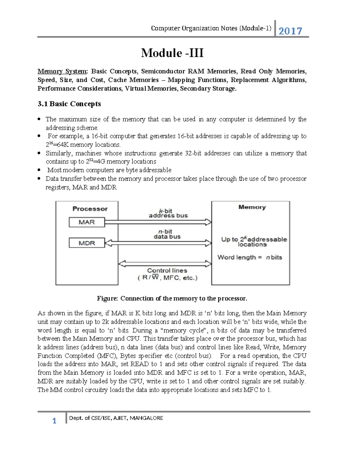 CO module 3 2018 complete - Dept. of CSE/ISE, AJIET, MANGALORE 2017 Module -III Memory System ...