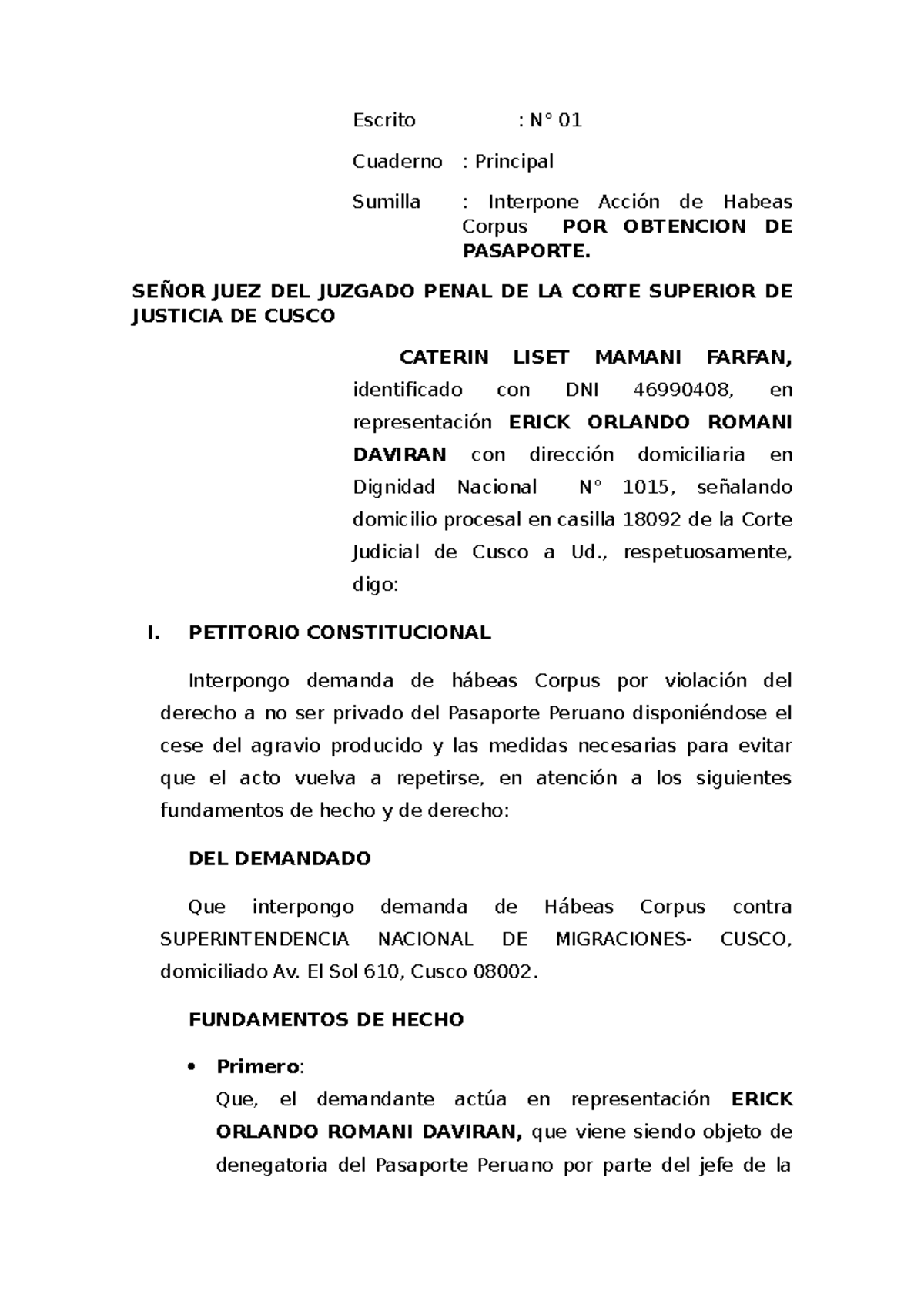 Evaluacion Final Derecho Procesal Constitucional - Escrito : N° 01 Cuaderno : Principal Sumilla ...