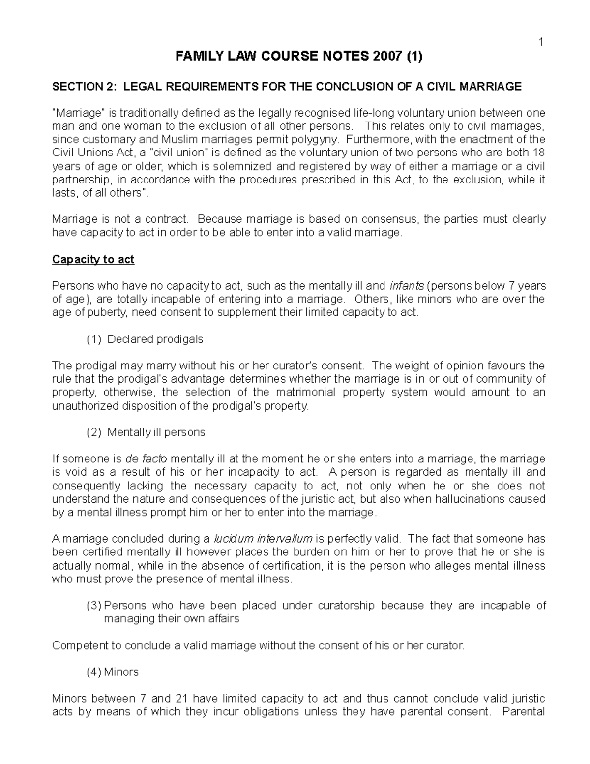 Family LAW Course Notes - FAMILY LAW COURSE NOTES 2007 (1) SECTION 2 ...