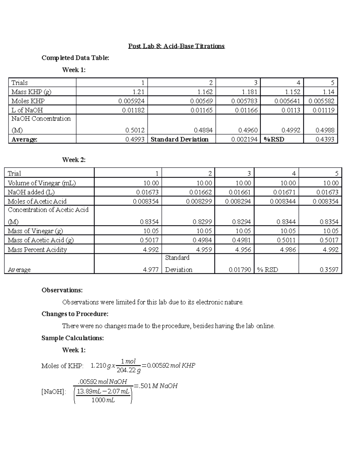 Lab 8 chem 105a - Post Lab 8: Acid-Base Titrations Completed Data Table ...