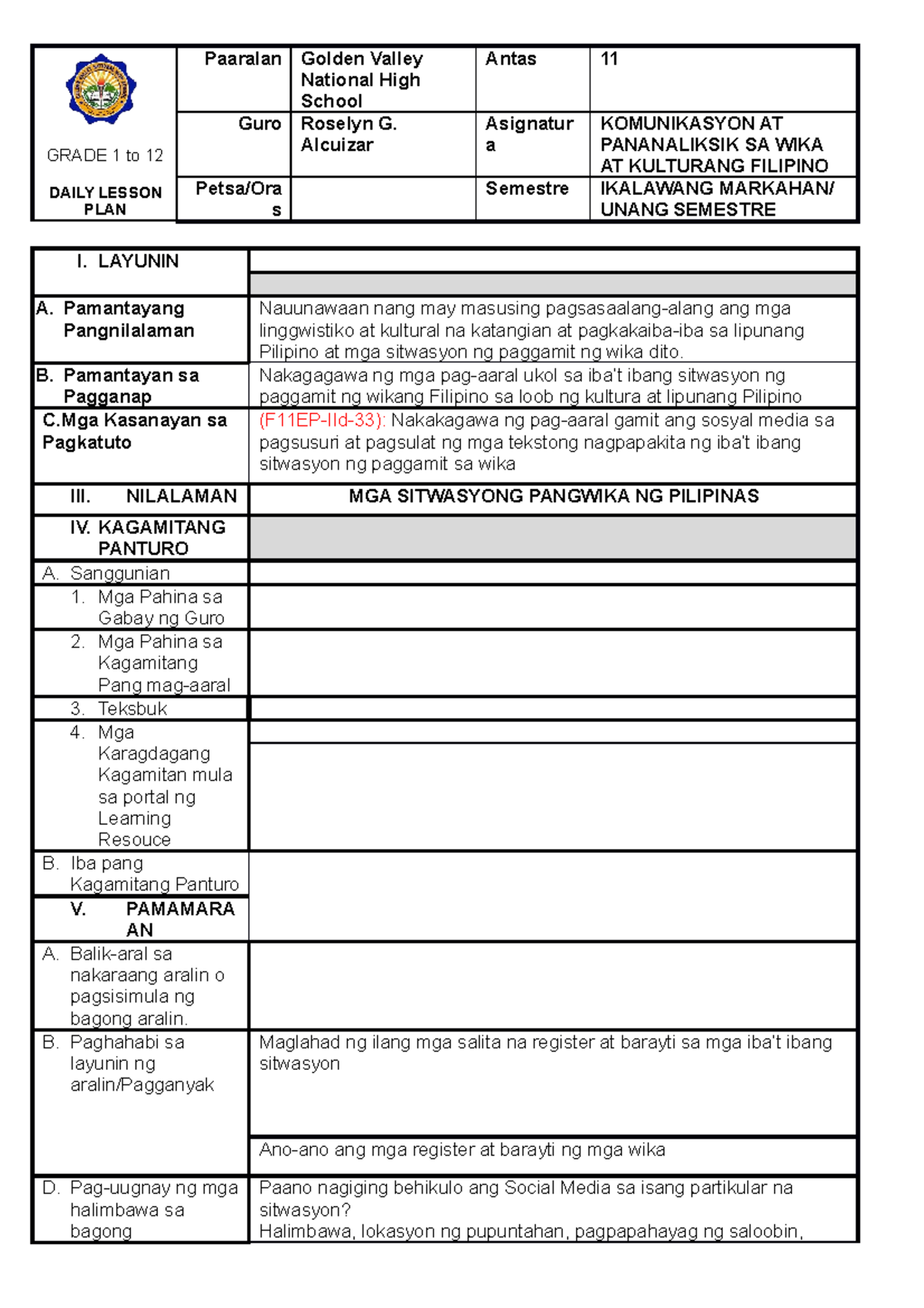 Filipino COT 2 DLP - A classroom observation is a formal or informal ...